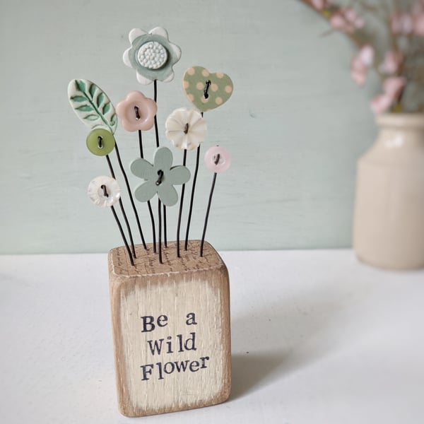Clay Flower and Button Garden in a Wood Block '... - Folksy