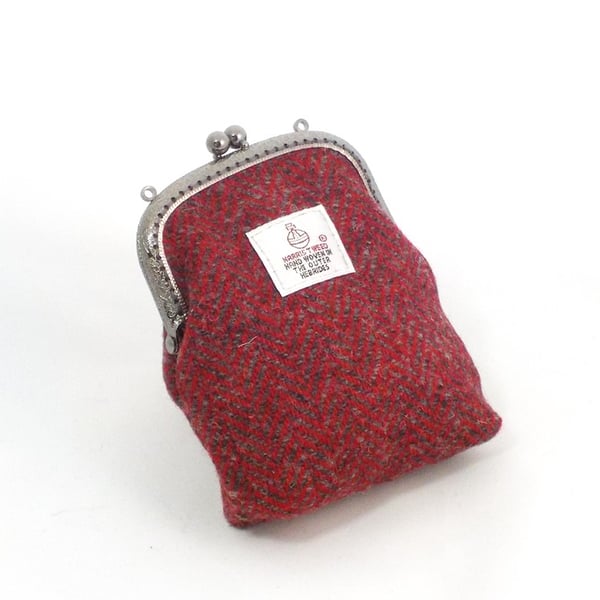 Harris tweed purse red grey herringbone kiss cl... - Folksy
