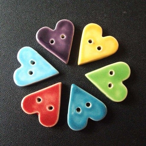 set of 6 rainbow coloured ceramic heart buttons - Folksy
