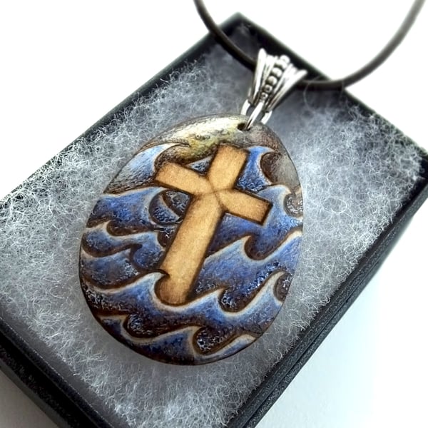 Pyrography Christian cross in a turbulent sea. ... - Folksy
