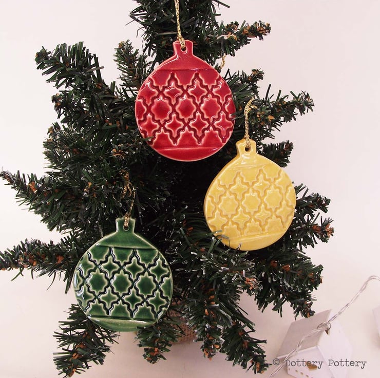 Christmas Baubles set of three pottery Bauble d... - Folksy