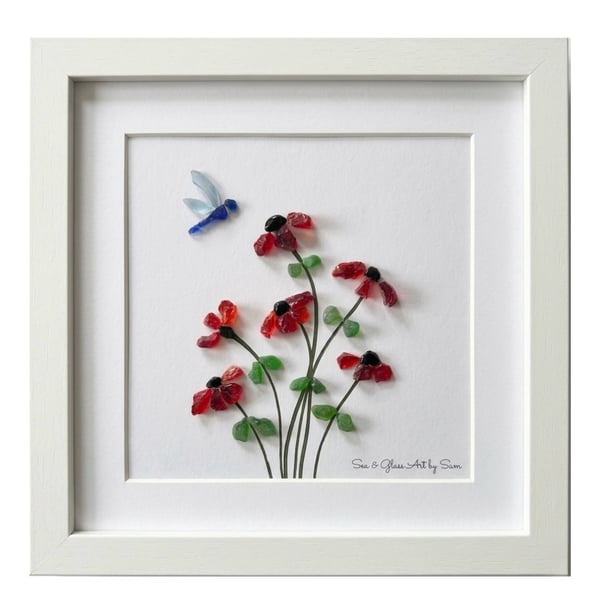 Red Poppy Meadow with Dragonfly - Folksy
