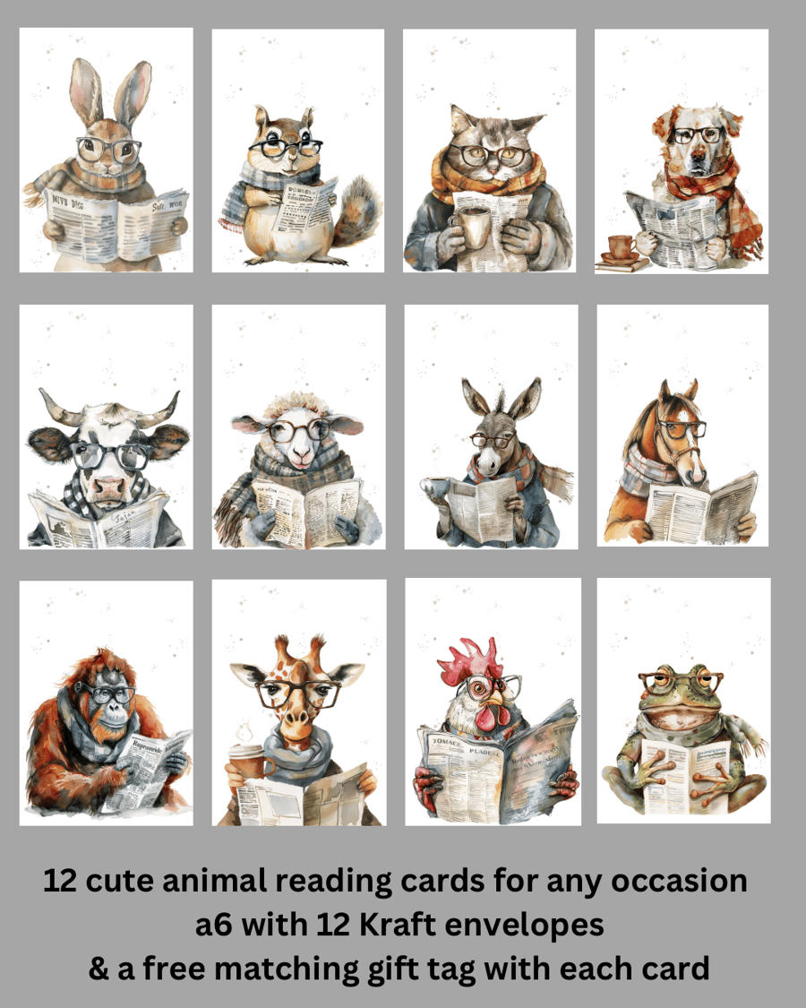 Reading animals - 6 or 12 cute animal Illustrat... - Folksy