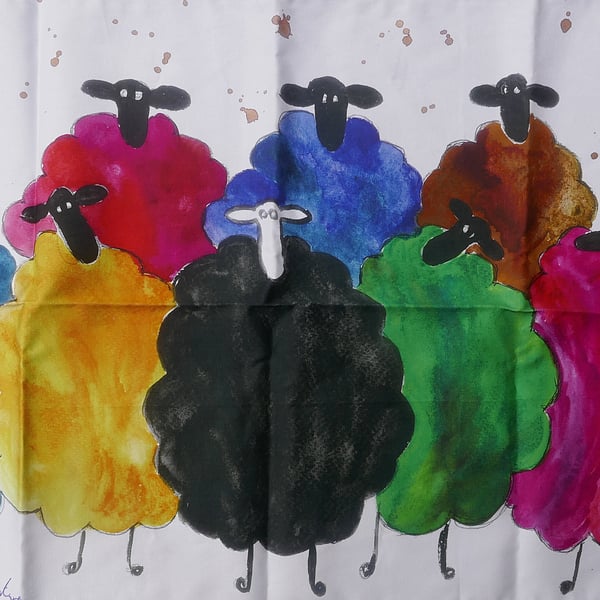 Quirky Colourful Sheep Tea towel - Folksy