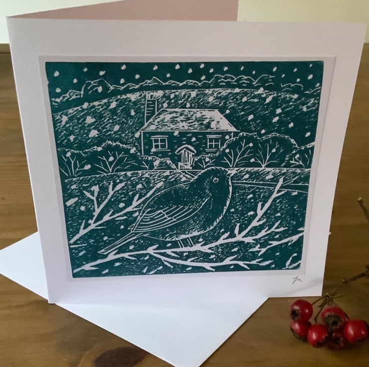 Winter Robin lino print card, a hand printed li... - Folksy