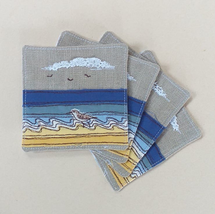 Fabric Coasters with Embroidered Seascape, Set ... - Folksy