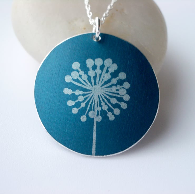 Dandelion necklace pendent in blue and silver - Folksy