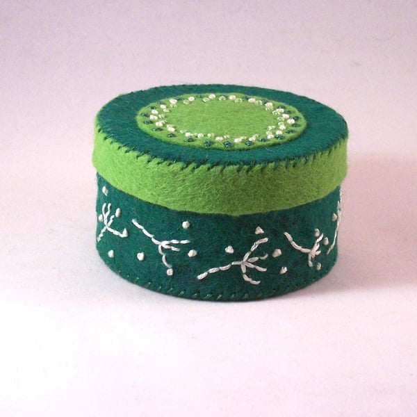 Green felt covered box with hand embroidery - Folksy