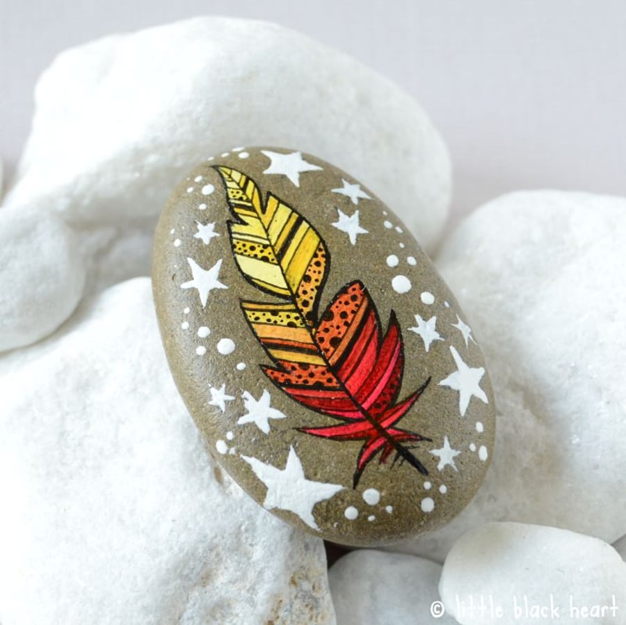 phoenix feather - pebble art - Folksy