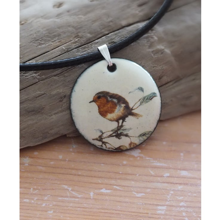 Robin enamelled pendant - Folksy