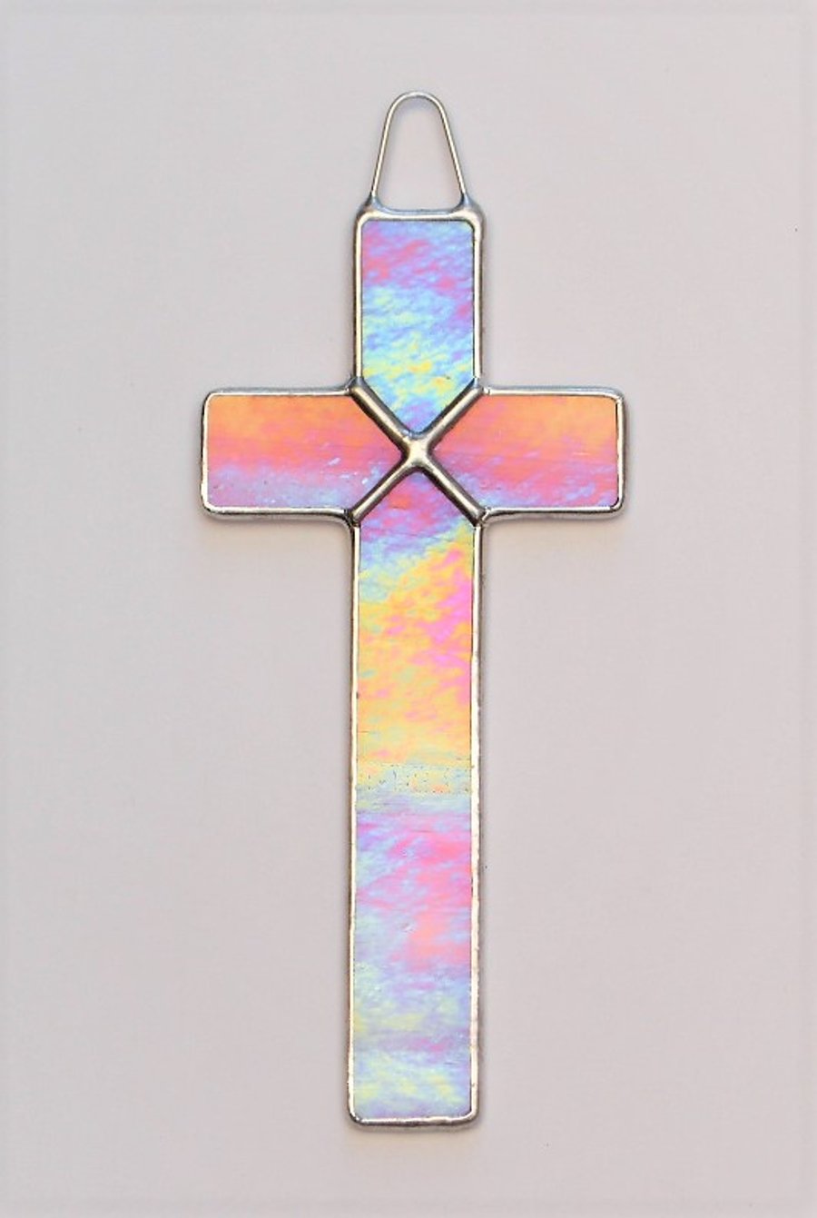 Stained Glass (Cross) in pink and white iridesc... - Folksy
