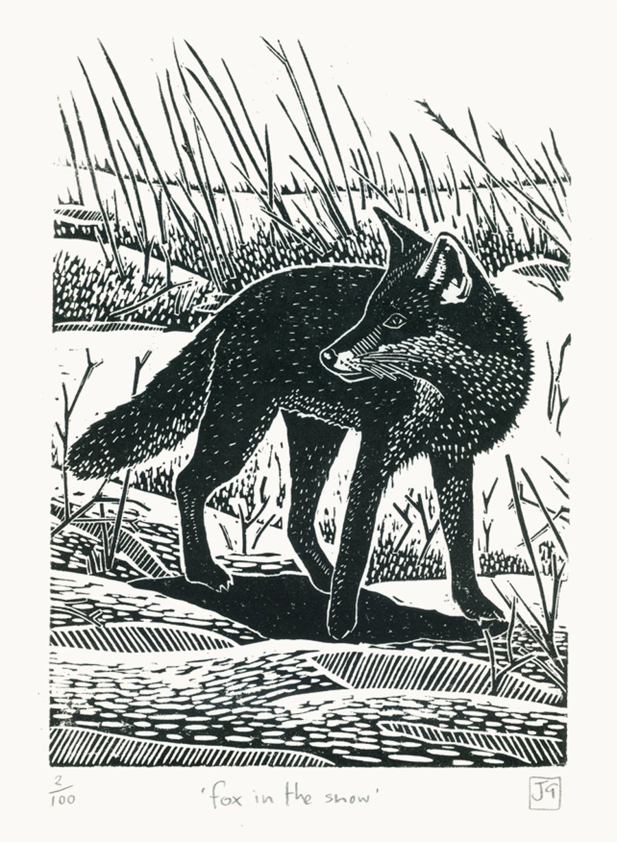Fox In The Snow linocut print - Folksy