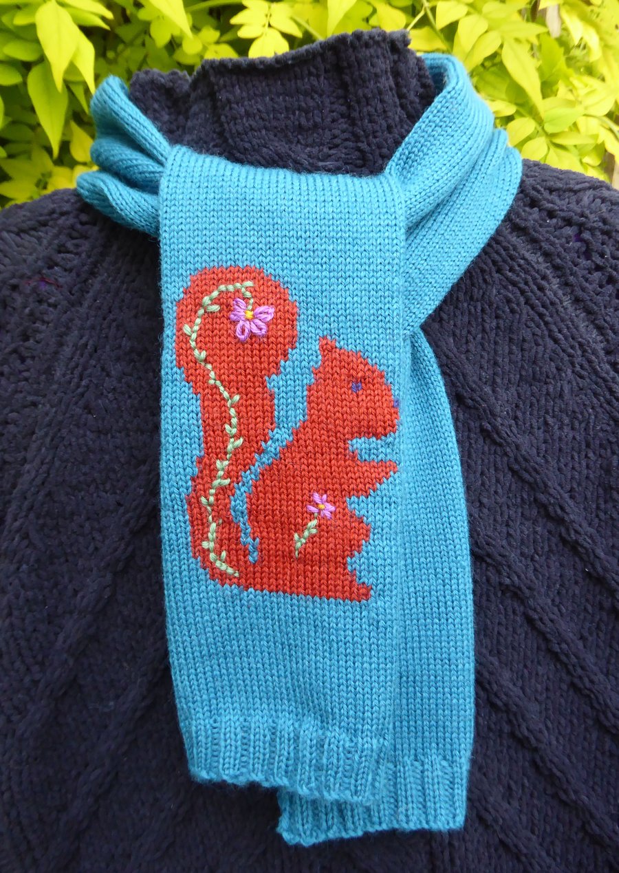 Red Squirrel Knitted Scarf with flower embroidery - Folksy