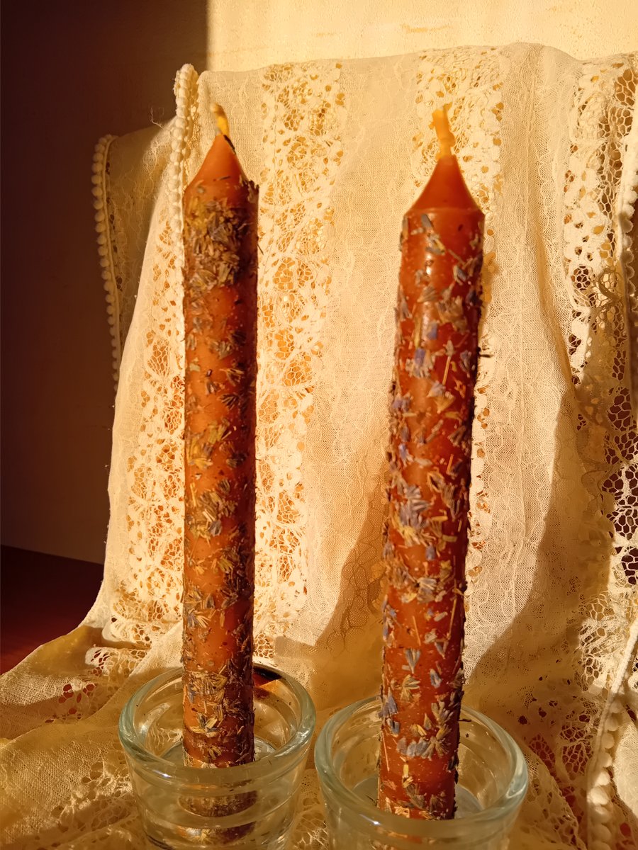 2 pack beeswax decorated candles, natural laven... - Folksy