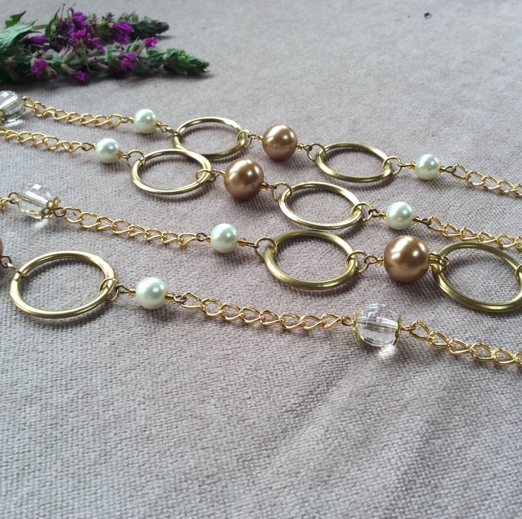Gold Plated Longer Length Pearl Hoop Loop Neckl... - Folksy