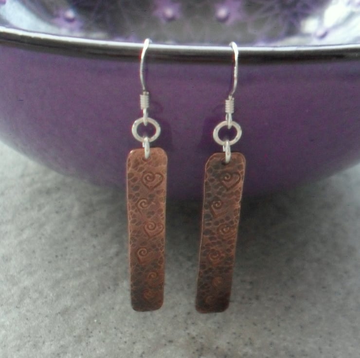 Oxidised Copper Drop Earrings With Heart Detail... - Folksy