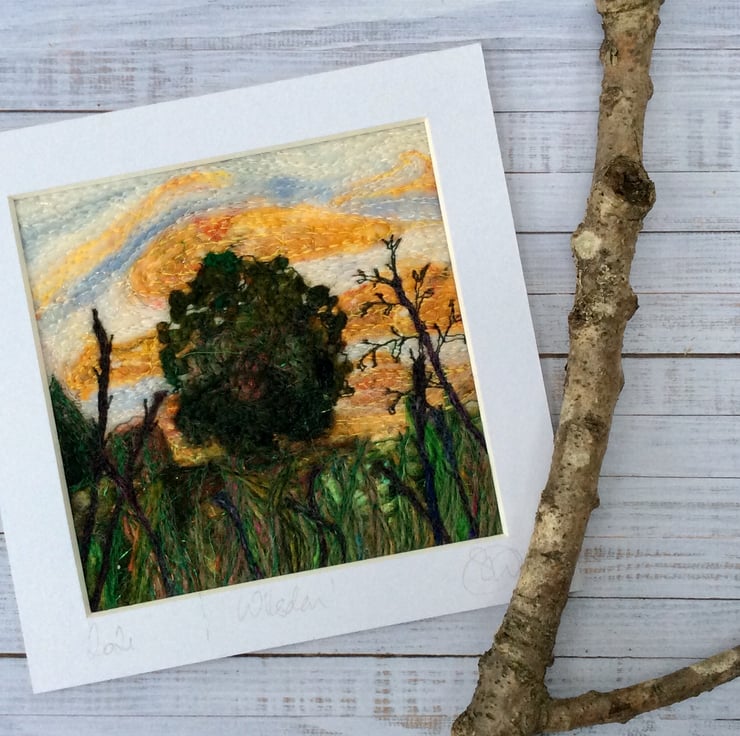 Embroidered needle felted sunset countryside sc... - Folksy