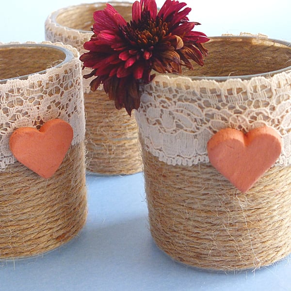 Three Rustic Glass Vases With Jute String, Clay... - Folksy