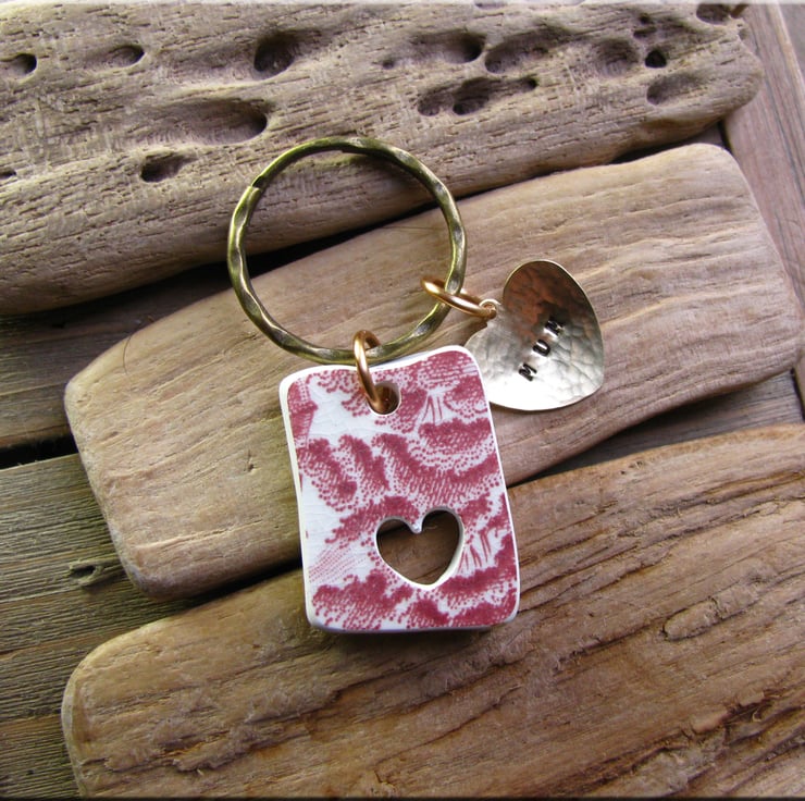 Tumbled pottery shard drilled heart, keyring - Folksy