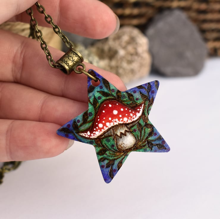 A shroom star. Pyrography toadstool pendant, fl... - Folksy