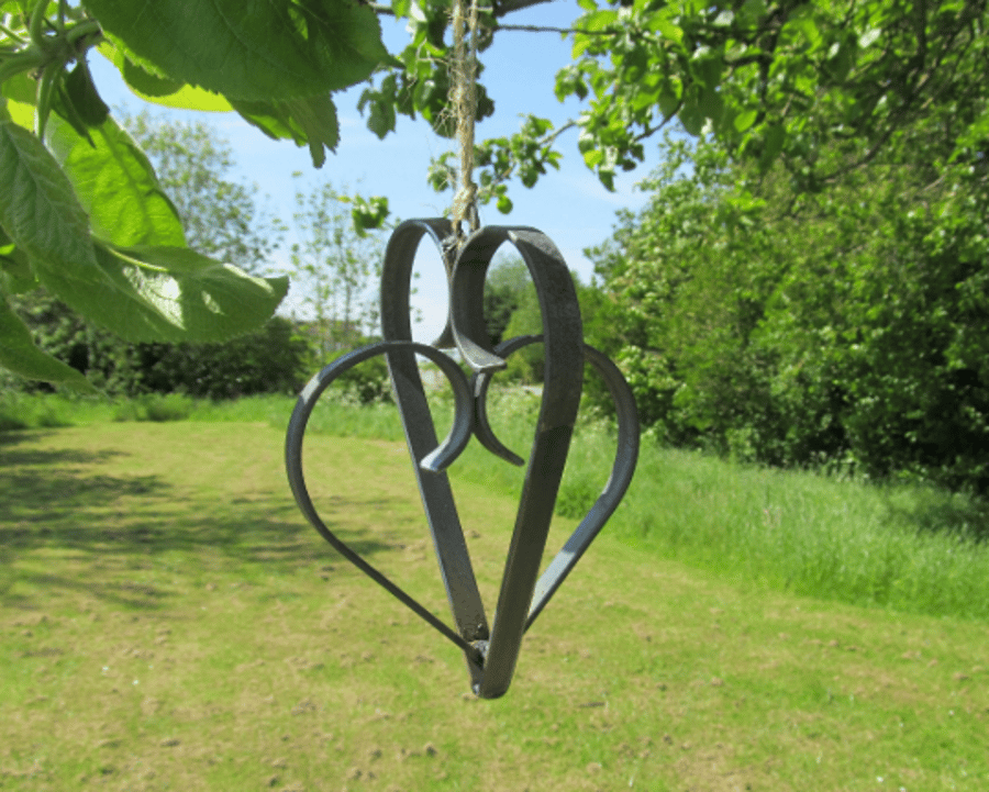 Rustic Hanging Metal Double Heart Garden Decora... - Folksy