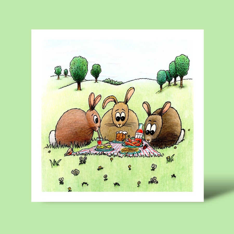 Rabbit Picnic Greeting Card with a Cute Hand Dr... - Folksy
