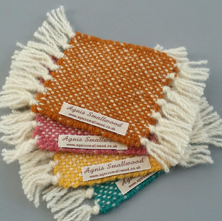 Hand Woven Wool Coasters - Set of 4 - Pink, Gol... - Folksy