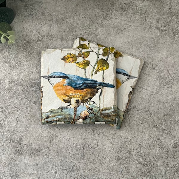 Slate Coasters Set of 2: Decoupage Nuthatch - H... - Folksy
