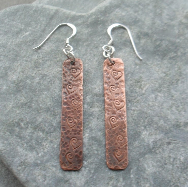 Oxidised Copper Drop Earrings With Heart Detail... - Folksy