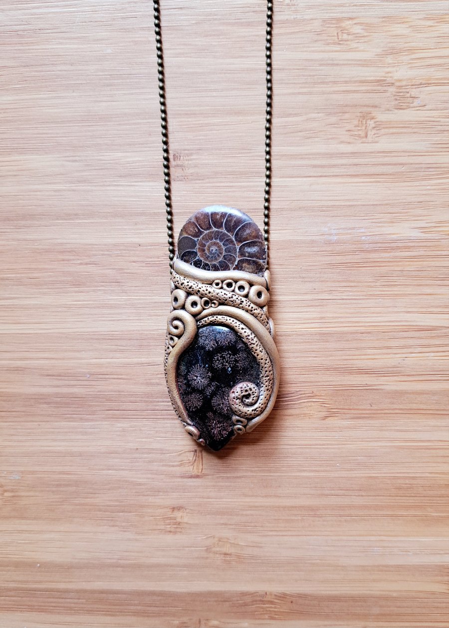 Ammonite with Fossil Coral and Polymer Clay Amu... - Folksy