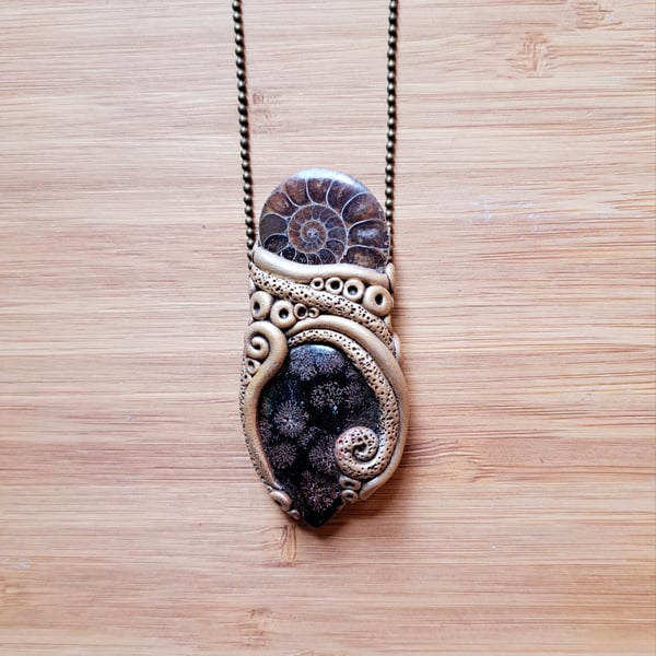 Ammonite with Fossil Coral and Polymer Clay Amu... - Folksy