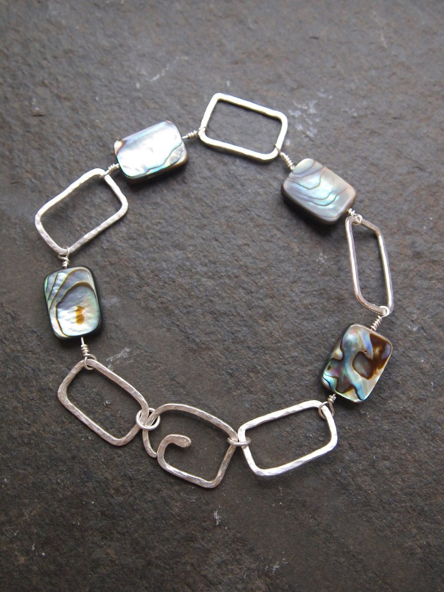 Sterling Silver Rectangle Link Paua Shell Bracelet - Folksy