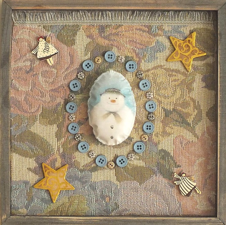 Christmas Art in a Rustic Frame - The Snowman - Folksy