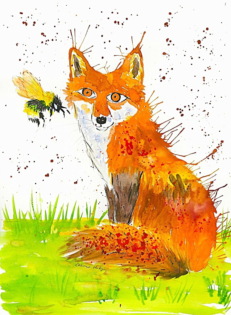 Fox and bee Greeting card greeting Card 5"... - Folksy