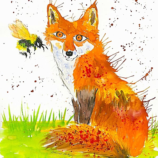 Fox and bee Greeting card greeting Card 5"... - Folksy