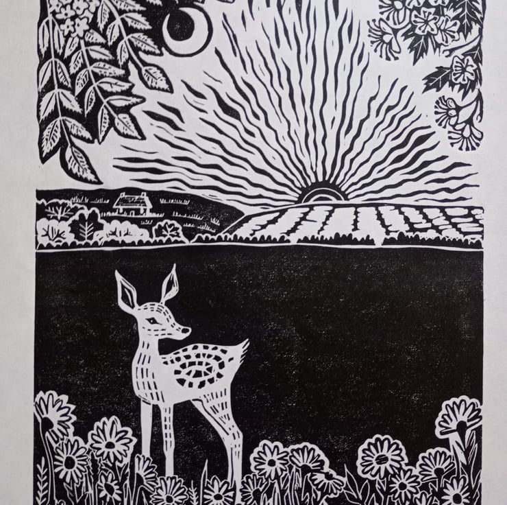 Handmade linocut print - May deer - Folksy