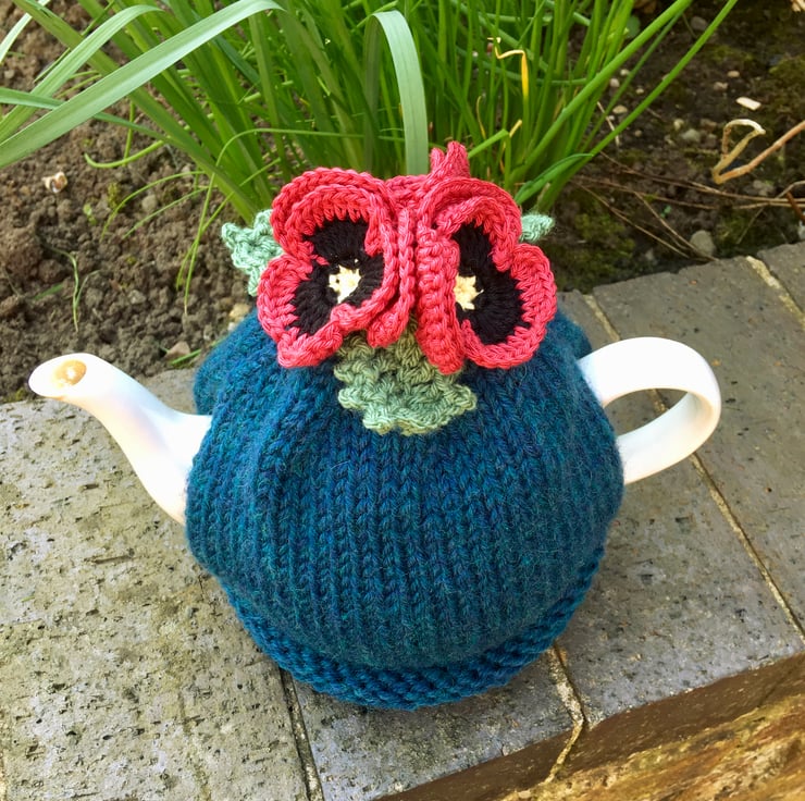 Pretty Pansy Tea Cosy, Wool Knitted Tea Cozy - Folksy