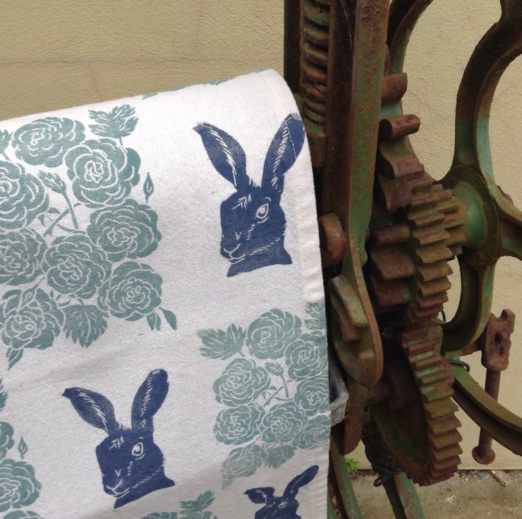 Hand Printed Hare Tea Towel - Folksy