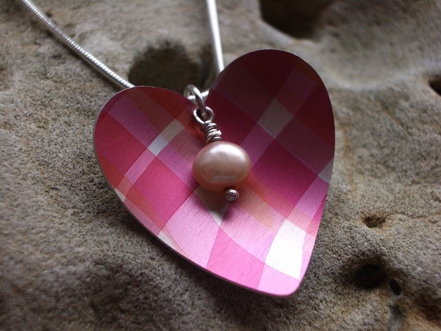 Peachy pink checked heart necklace - Folksy