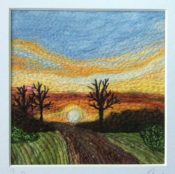 Embroidered sunset needle felted countryside la... - Folksy
