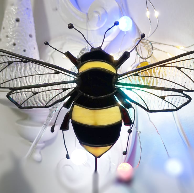 Stained Glass Art Queen Bumble Bee on solid han... - Folksy