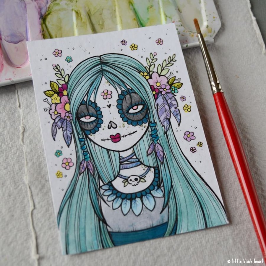 spring zombie lady - original aceo - Folksy