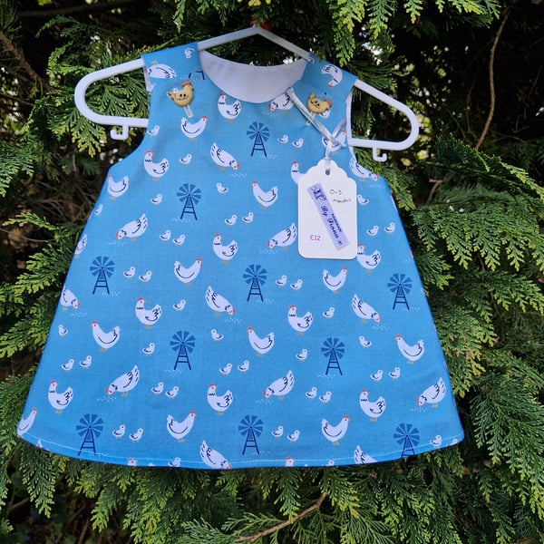 Age: 0-3m Mid Blue Chicken Dress - Folksy