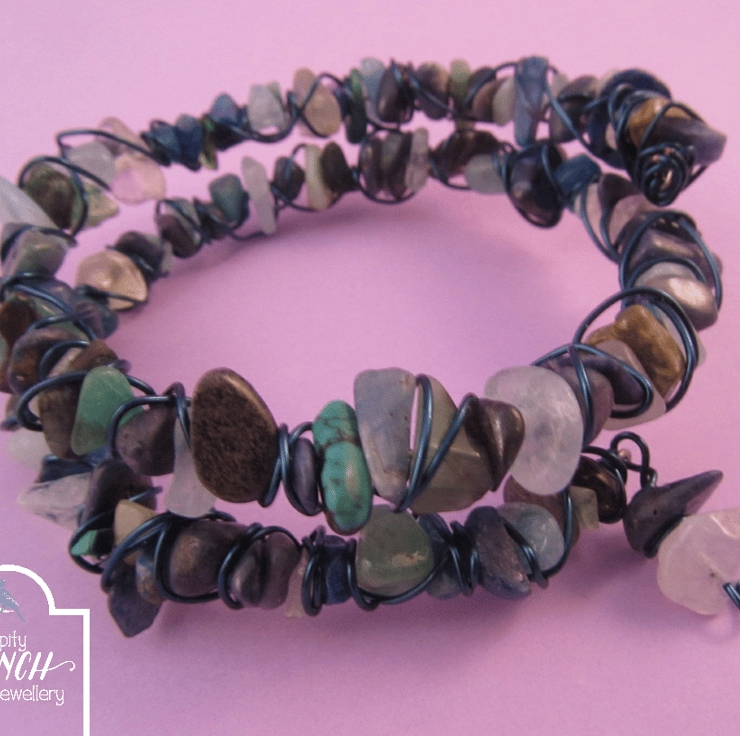 Blue Gemstone Wire Wrapped Memory Wire Bracelet... - Folksy
