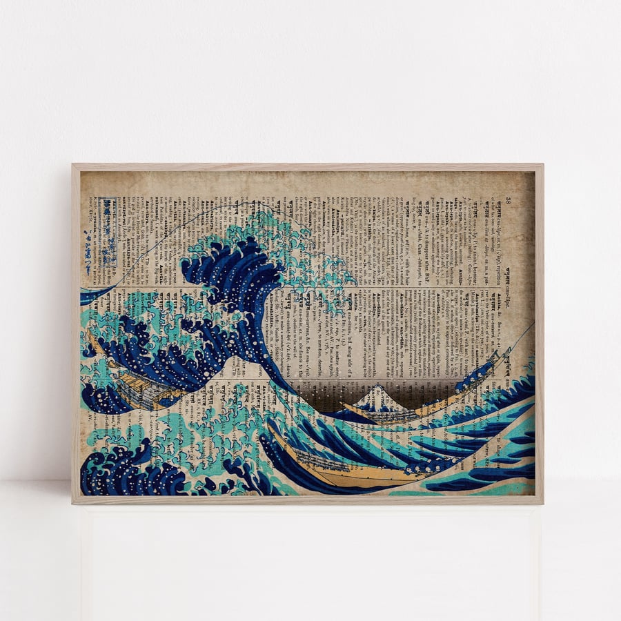 The Great Wave off Kanagawa on old paper textur... - Folksy