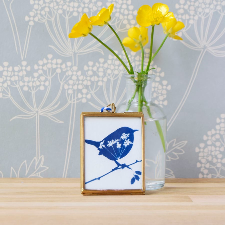 Cyanotype Wren in gold edged hanging frame - Folksy