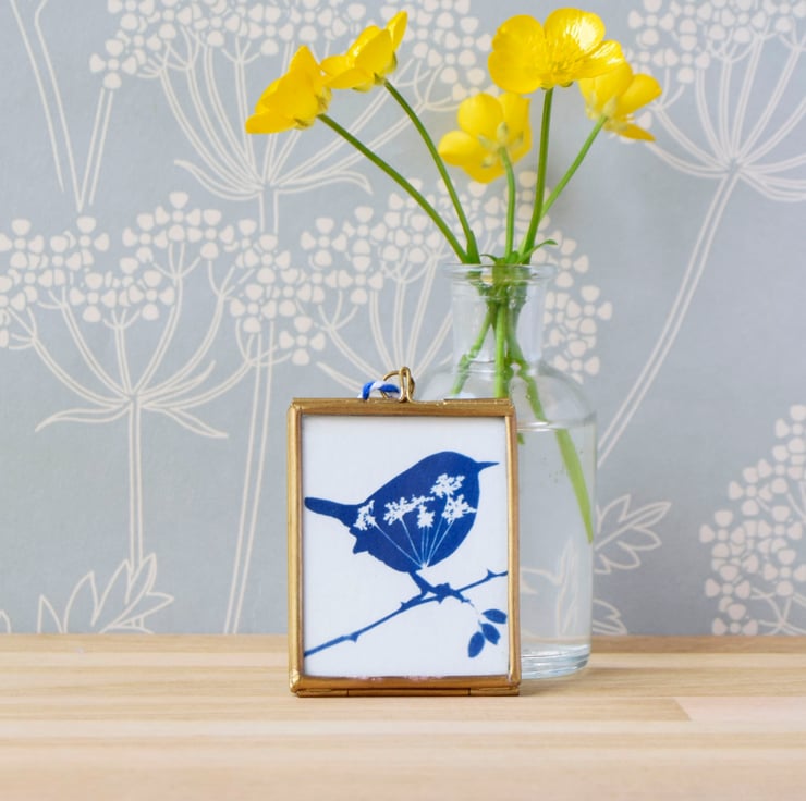 Cyanotype Wren in gold edged hanging frame - Folksy