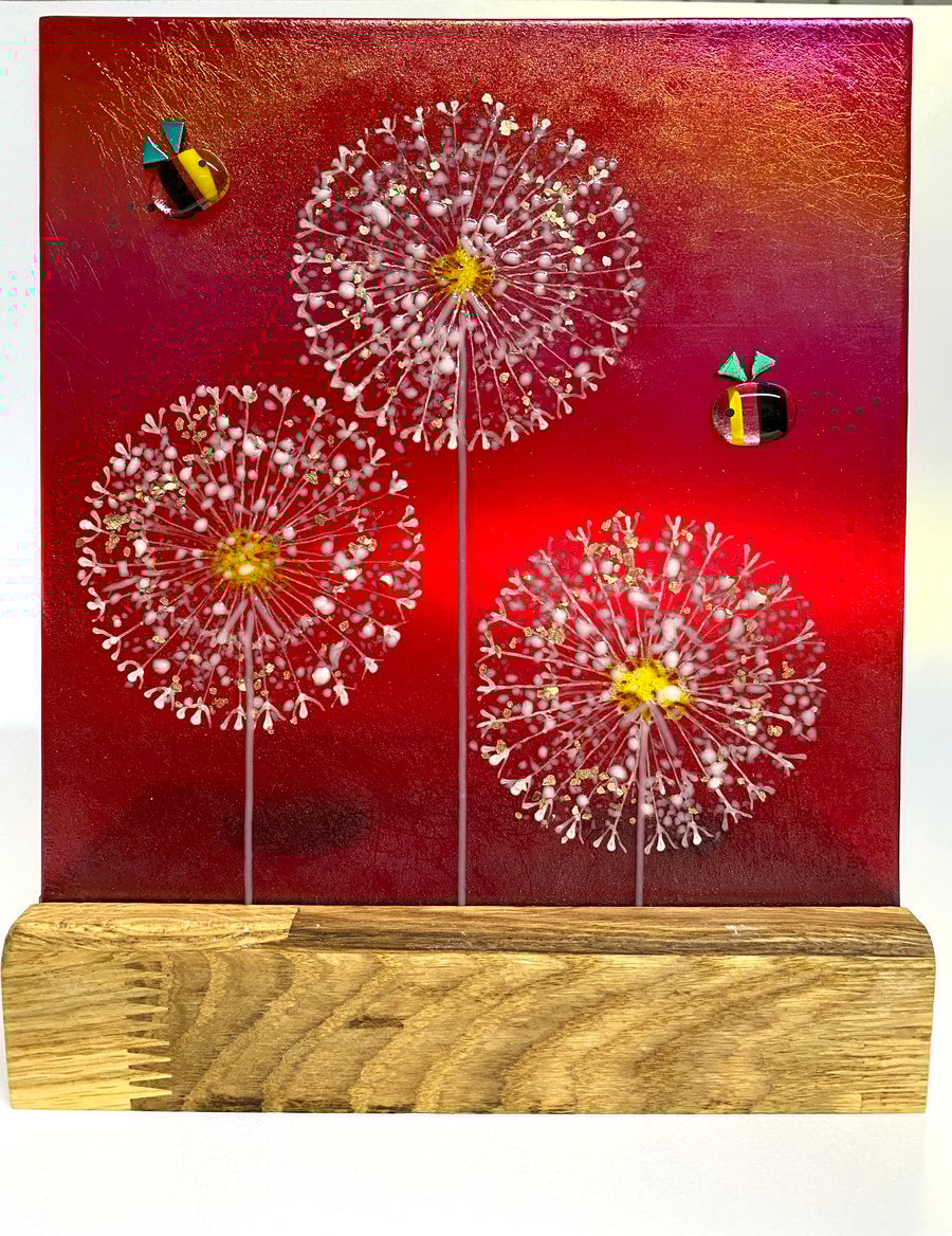 Fused glass dandelion art panel in oak base - Folksy