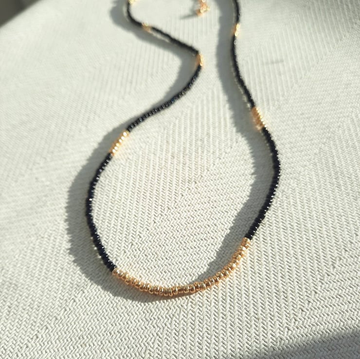 Glass beaded necklace, black and gold, 16 to 18... - Folksy