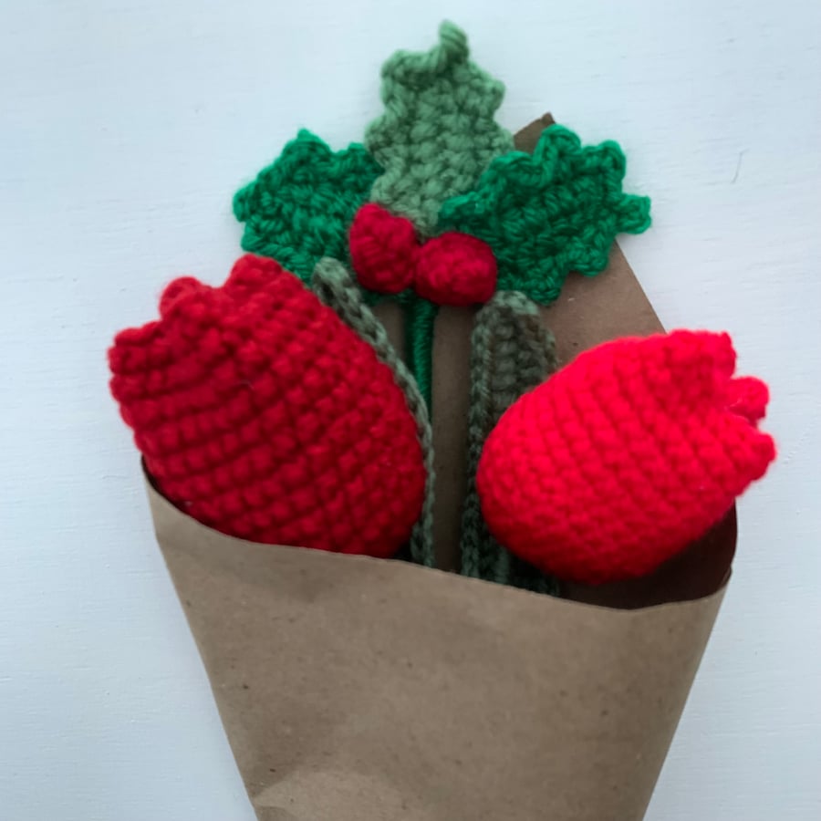 Crochet Christmas bouquet, tulips and holly cro... - Folksy